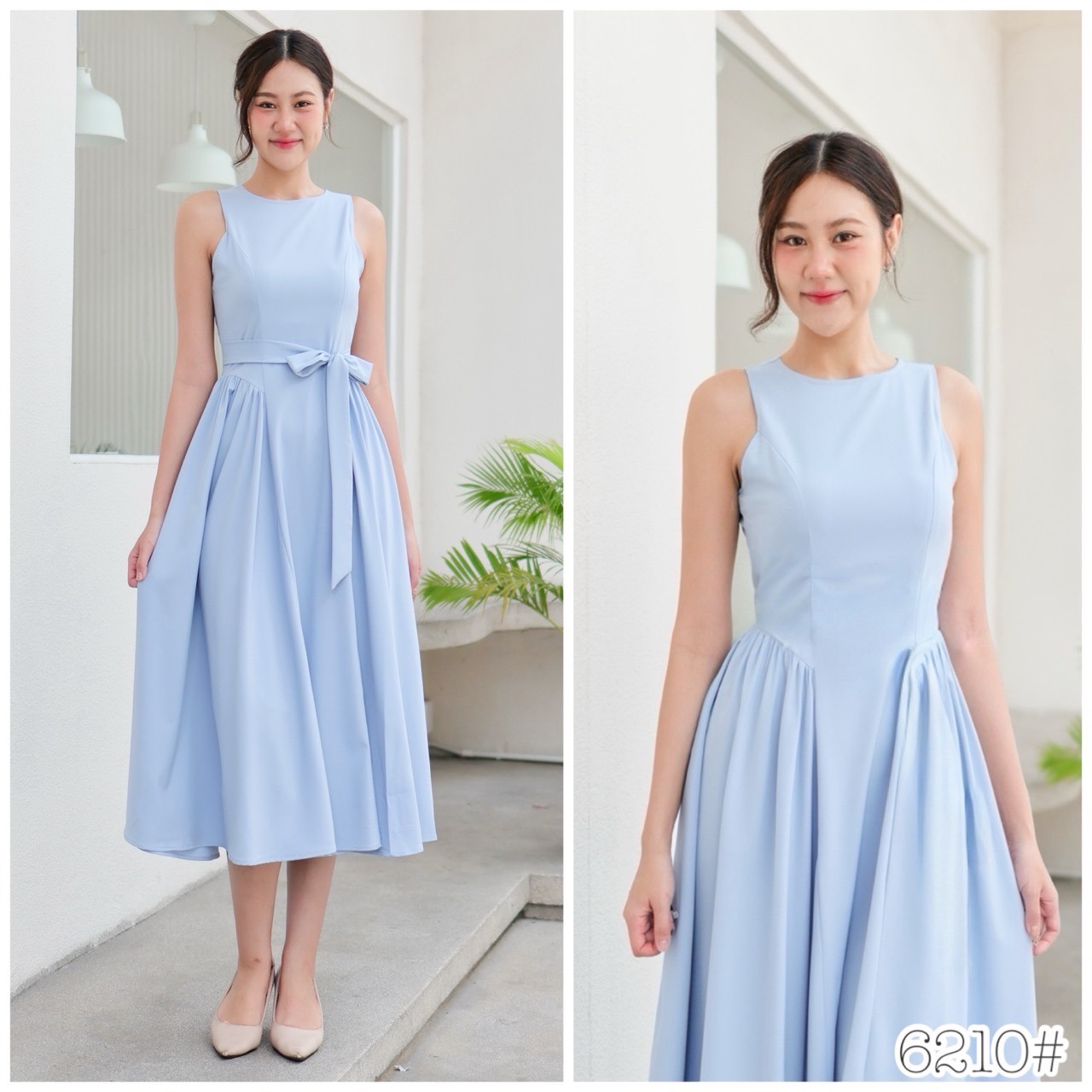 kudapy เดรสออกงาน แขนกุด คอกลม กระโปรงบานพริ้ว แต่งจีบสะโพก มีริ้บบิน ...