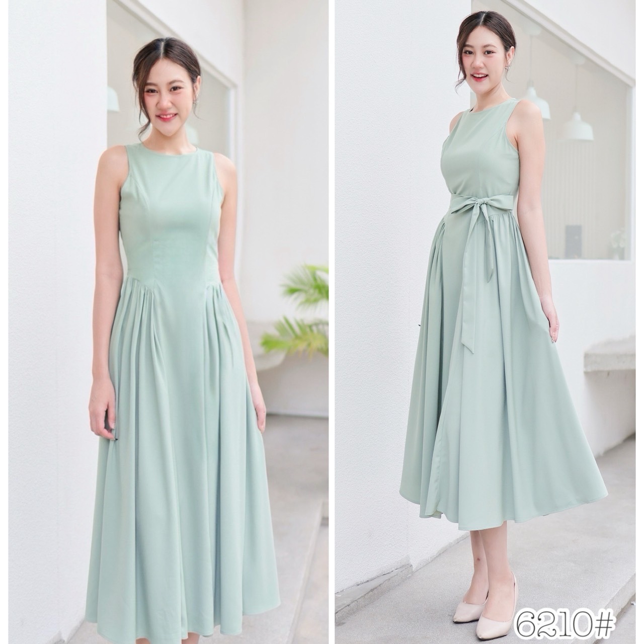 kudapy เดรสออกงาน แขนกุด คอกลม กระโปรงบานพริ้ว แต่งจีบสะโพก มีริ้บบิน ...
