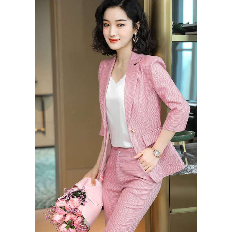 kudapy ชุดเซทเสื้อสูท + กางเกงขายาว สีชมพู ลายสก๊อตเล็กๆ ทรงสุภาพ ...